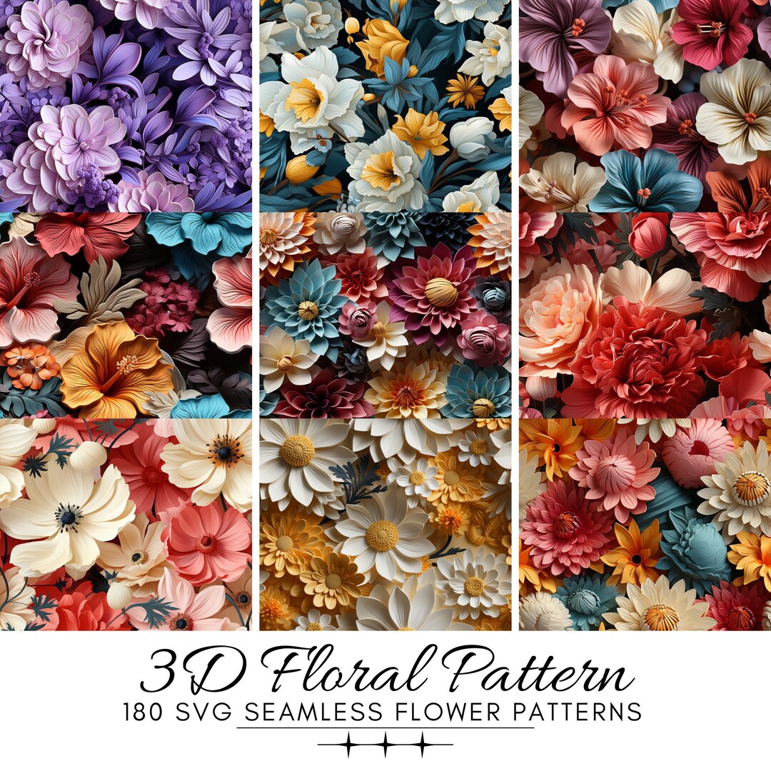 180 3D Floral Seamless Design Digital Paper Rolled Flower SVG, 3D ...