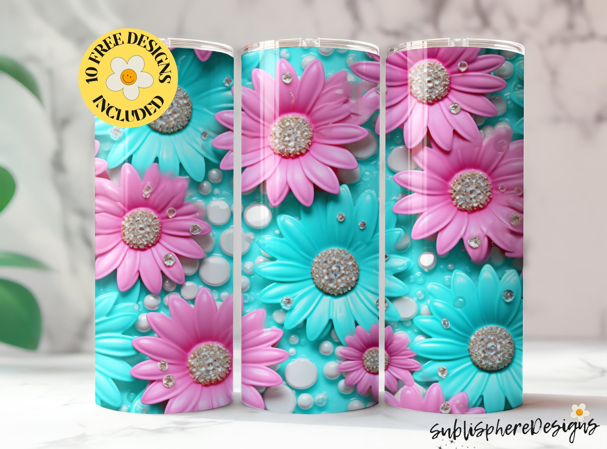 Blue Pink Glitter Flowers Tumbler Wrap Png 20 Oz Skinny Etsy