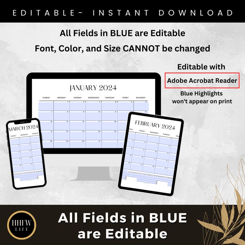 2024 Minimalist Printable Calendar Editable 12 Month Wall Desk Calendar ...