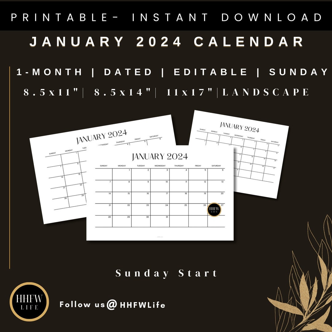 January 2024 Minimalist Printable Calendar Editable 1 Month Wall Desk ...