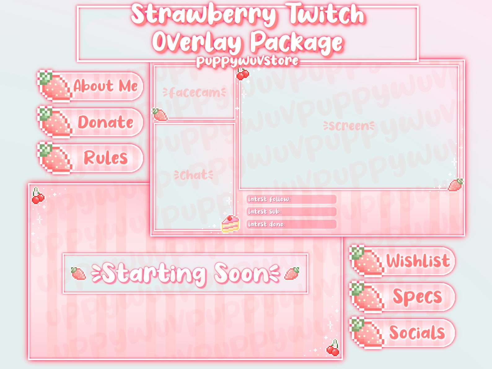 Kawaii Strawberry Twitch Overlay Animated Screen Panels - Etsy