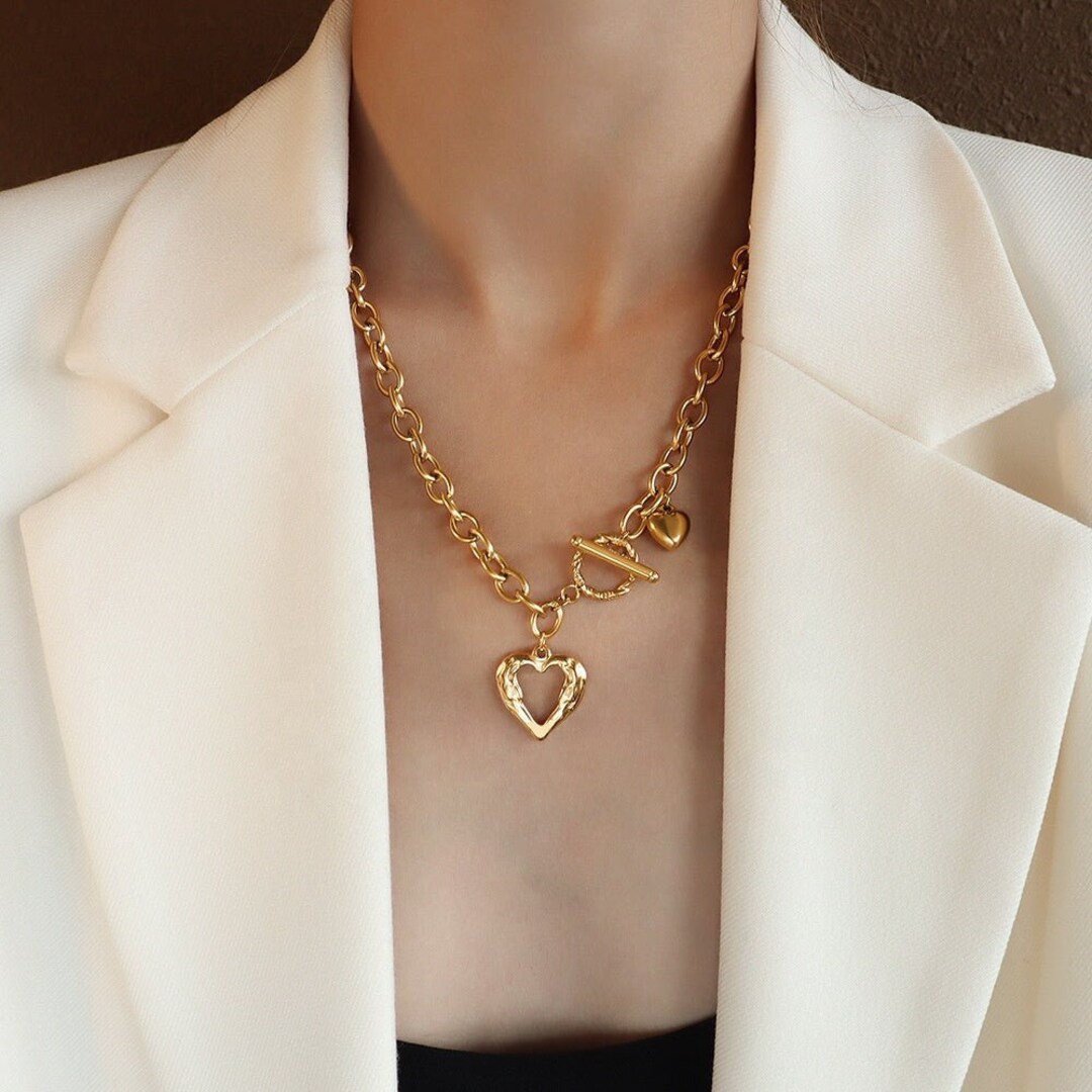 ANSA Heart Link Chain Toggle Necklace, Love Charm, Gold Chunky Choker ...