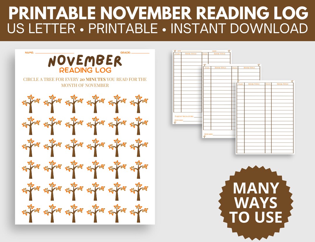 November Reading Log for Teachers and Homeschool - Etsy