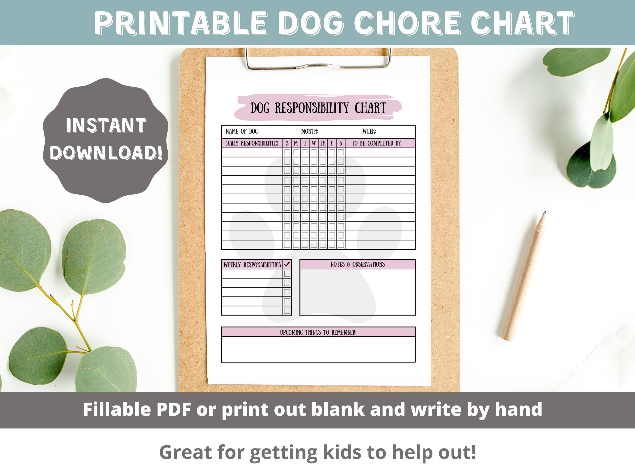 Printable Dog Responsibility Chart, Weekly Dog Chore Chart, Digital Pet ...