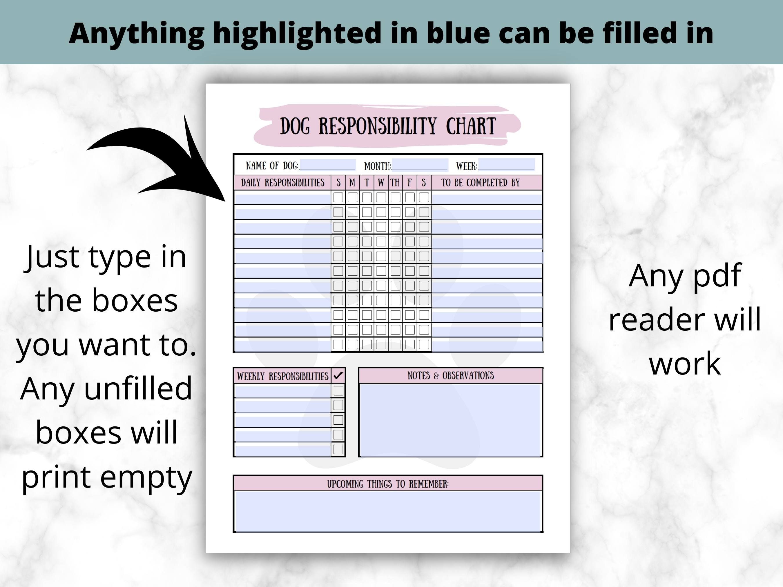 Printable Dog Responsibility Chart, Weekly Dog Chore Chart, Digital Pet ...