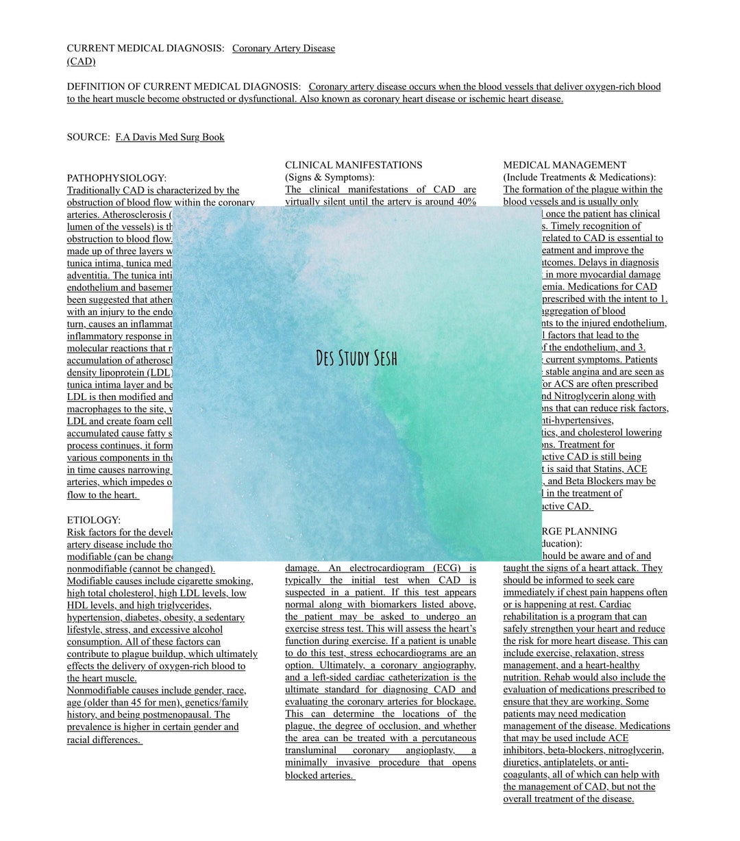 Coronary Artery Disease Pathology Sheet - Etsy