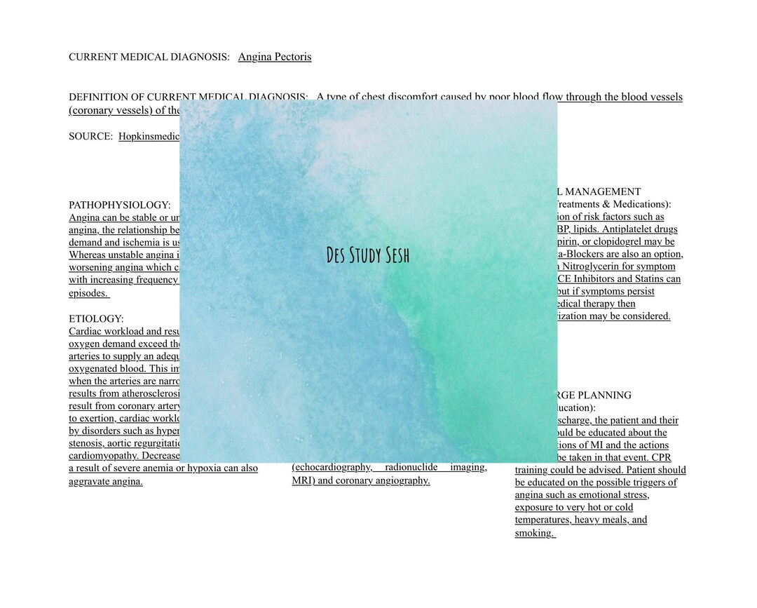 Angina Pectoris Pathology Sheet - Etsy