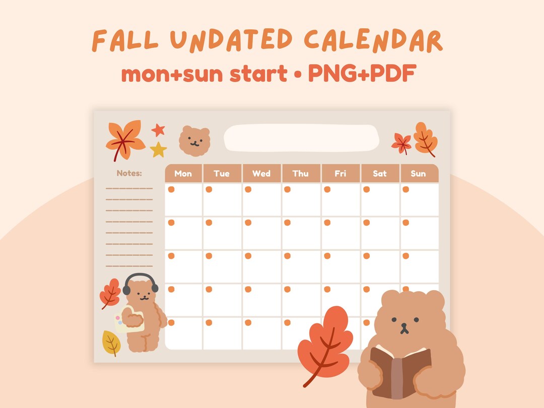 Autumn Bear Digital Undated Calendar | Kawaii Fall Leaves Monthly ...