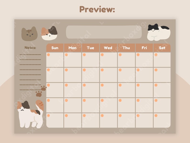 Cute Cat Undated Calendar | Kawaii Cozy Calico Monthly Schedule ...