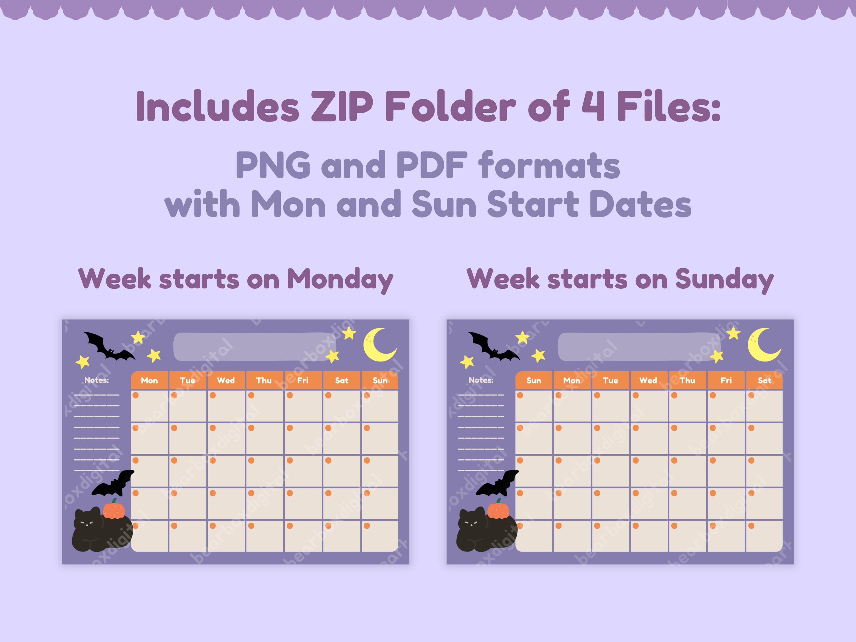 Spooky Undated Calendar Template | Kawaii Black Cat Schedule, Cute ...