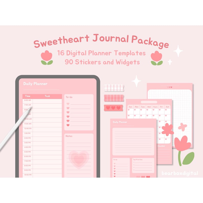 Pink Heart Planner Template With Stickers | Digital Printable Journal ...