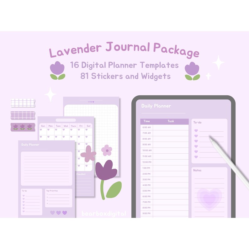 Lavender Planner Template With Stickers | Digital Printable Journal ...