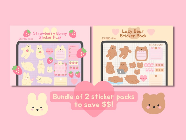 Cute Bear and Bunny Digital Sticker Bundle | Transparent Pre-cropped ...