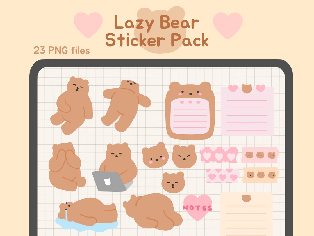 Cute Lazy Bear Digital Sticker Pack Transparent Pre-cropped Pngs for Aesthetically Pleasing ...
