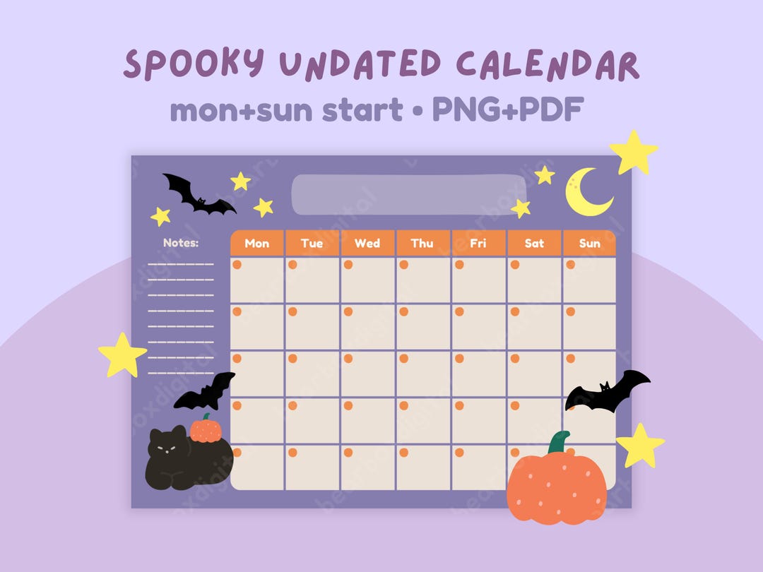 Spooky Undated Calendar Template | Kawaii Black Cat Schedule, Cute ...