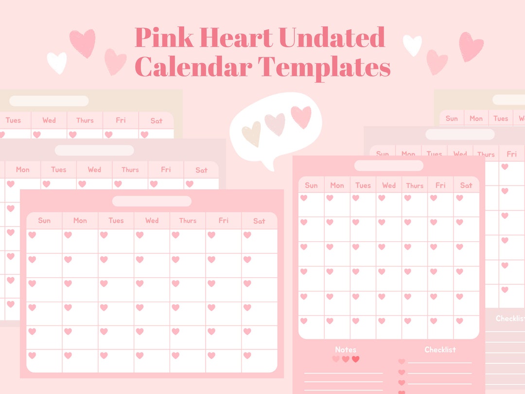 Pink Heart Calendar Templates Kawaii Undated 2024 Goodnotes Journal ...