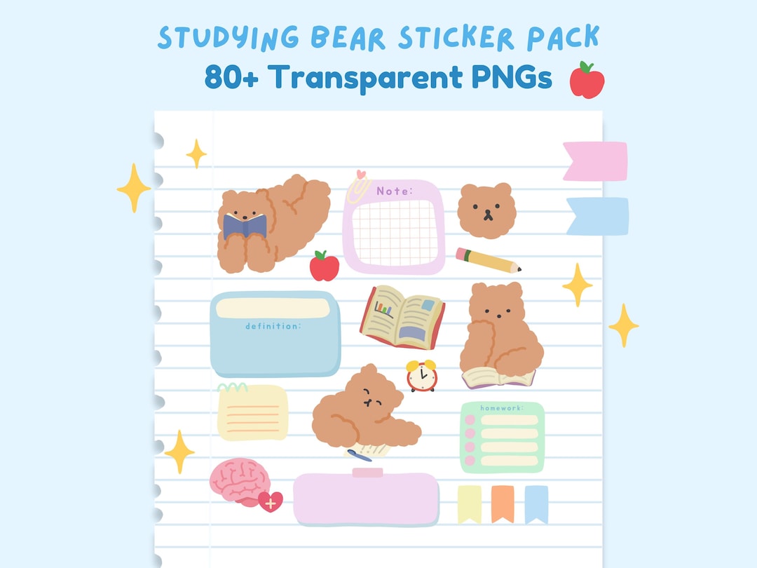 Cute School Bear Stickers Kawaii Cartoon Digital PNG Study Planner ...