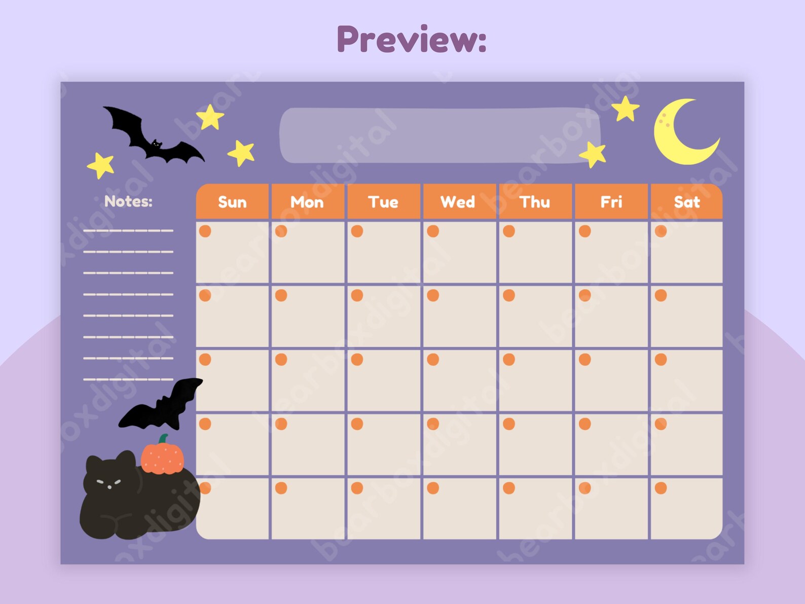 Spooky Undated Calendar Template | Kawaii Black Cat Schedule, Cute ...