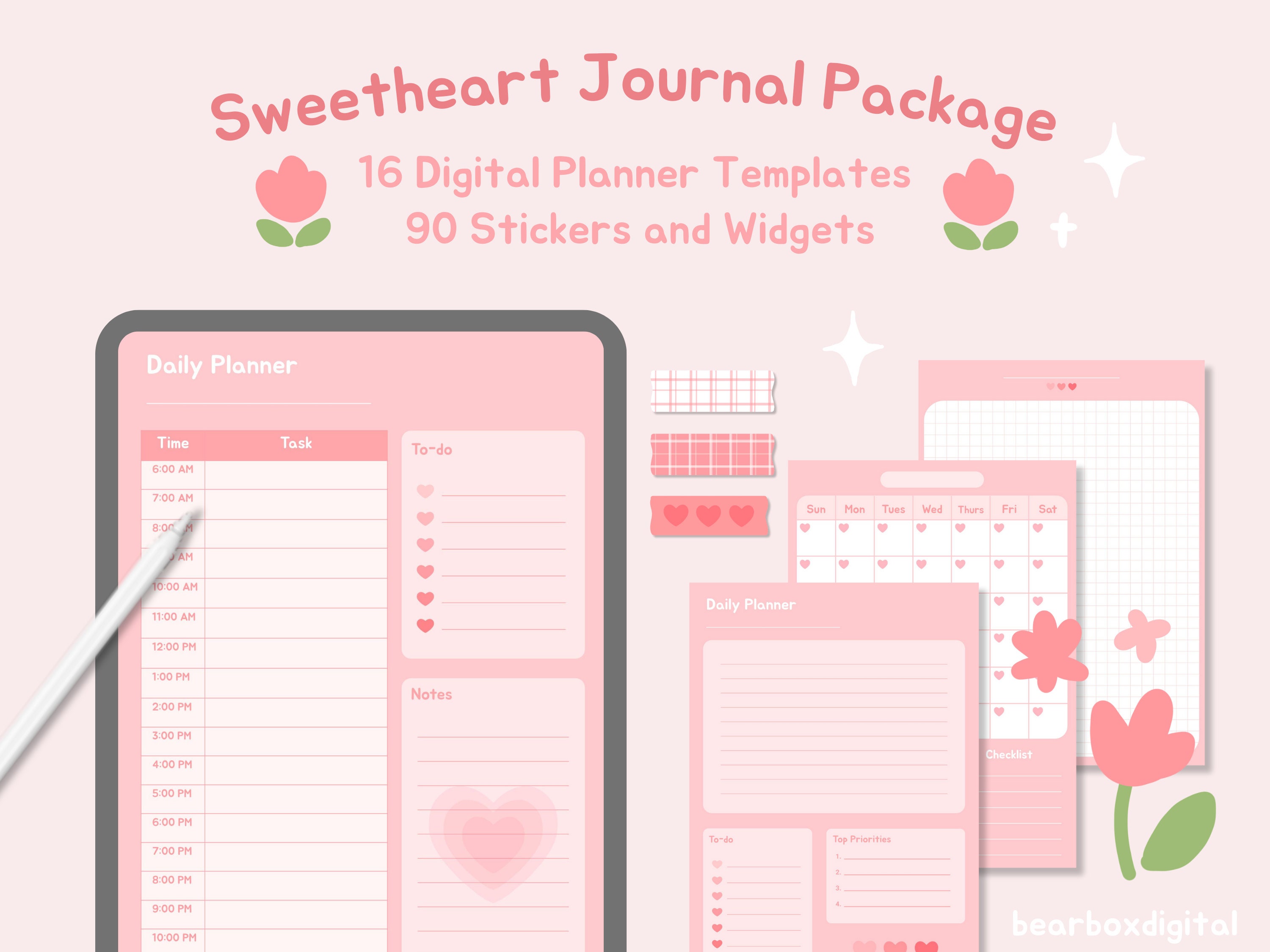 Pink Heart Planner Template With Stickers Digital Printable Journal ...