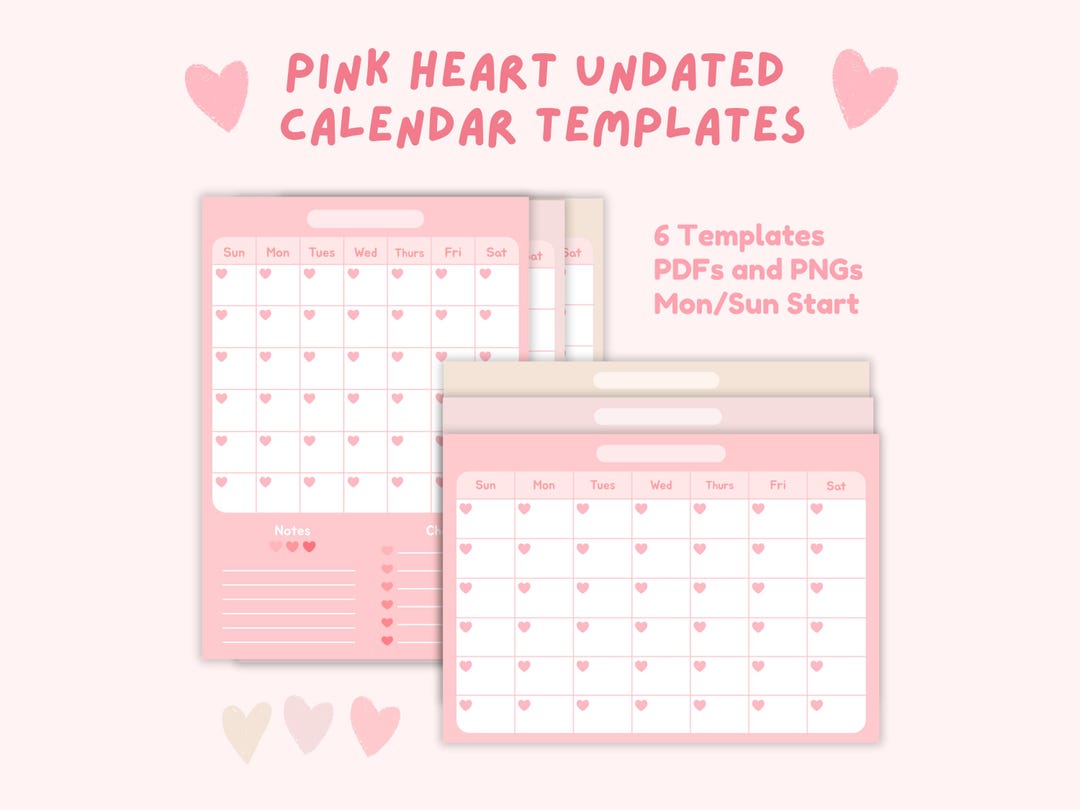 Pink Heart Calendar Templates | Kawaii Undated 2024 Goodnotes Journal ...