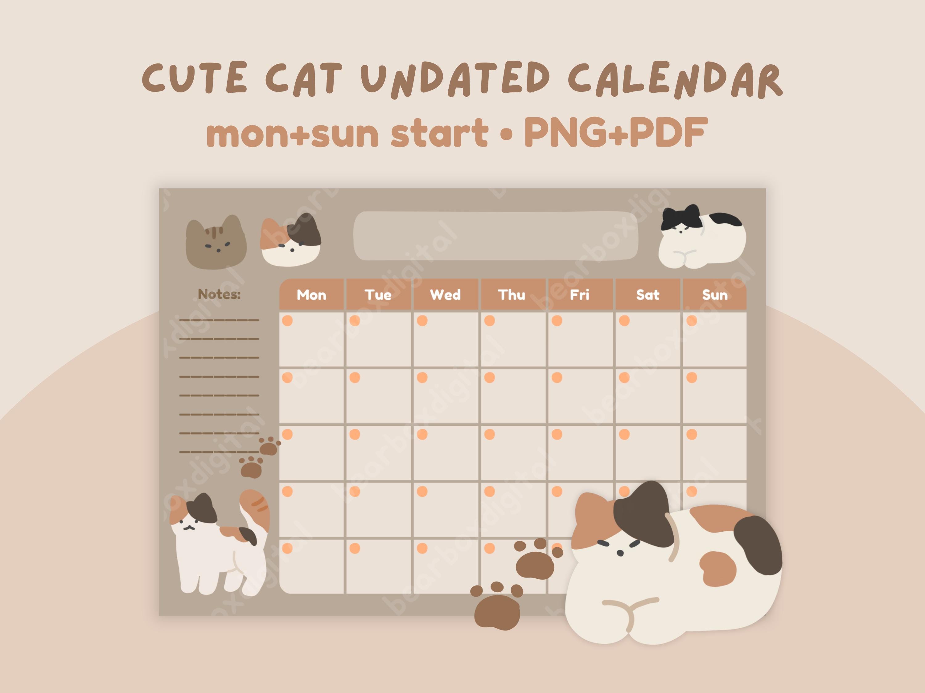 Cute Cat Undated Calendar | Kawaii Cozy Calico Monthly Schedule ...