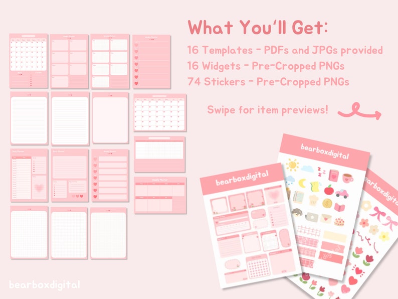 Pink Heart Planner Template With Stickers | Digital Printable Journal ...