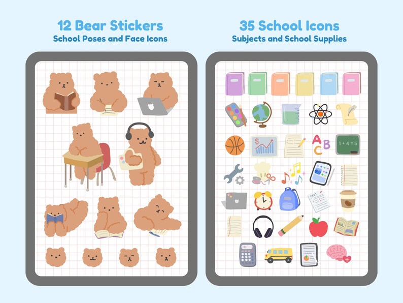 Cute School Bear Stickers | Kawaii Cartoon Digital PNG Study Planner ...