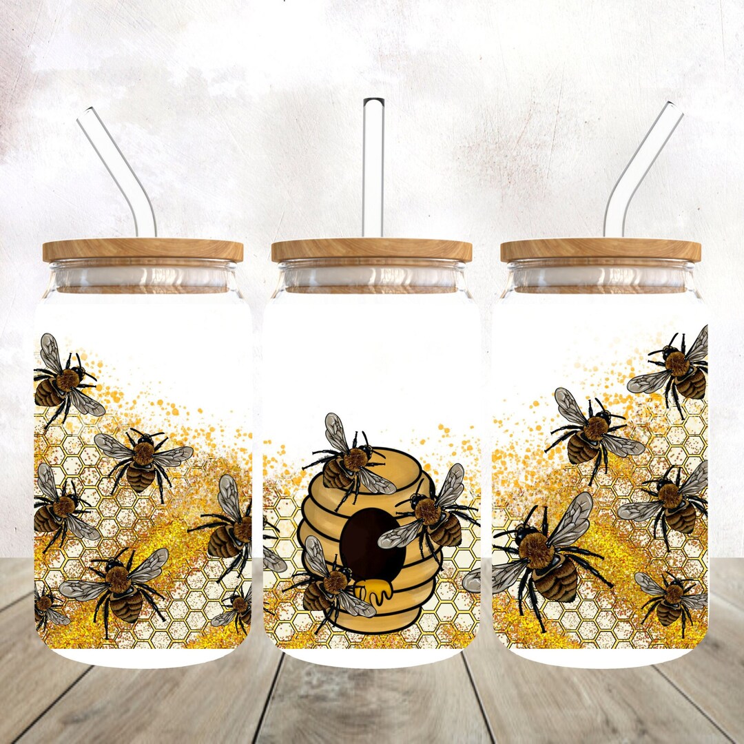 Bee and Honeycomb 16 Ounce Glass Can Tumbler With Bamboo Lid - Etsy