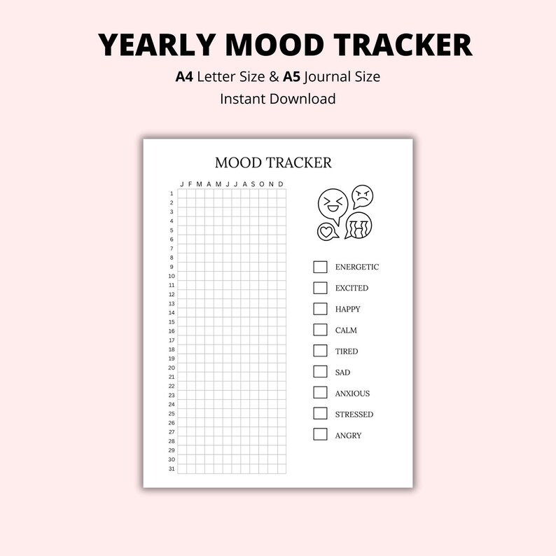 Mood Tracker Printable | A Year in Pixels | Mood Journal | Emotion ...