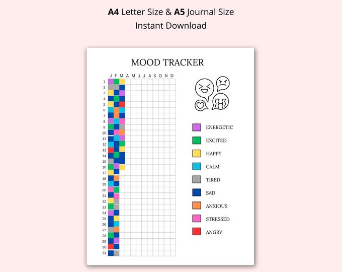 Mood Tracker Printable Daily Yearly Mood Journal, Mental Health ...