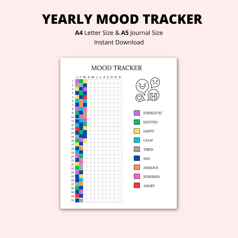 Mood Tracker Printable | A Year in Pixels | Mood Journal | Emotion ...