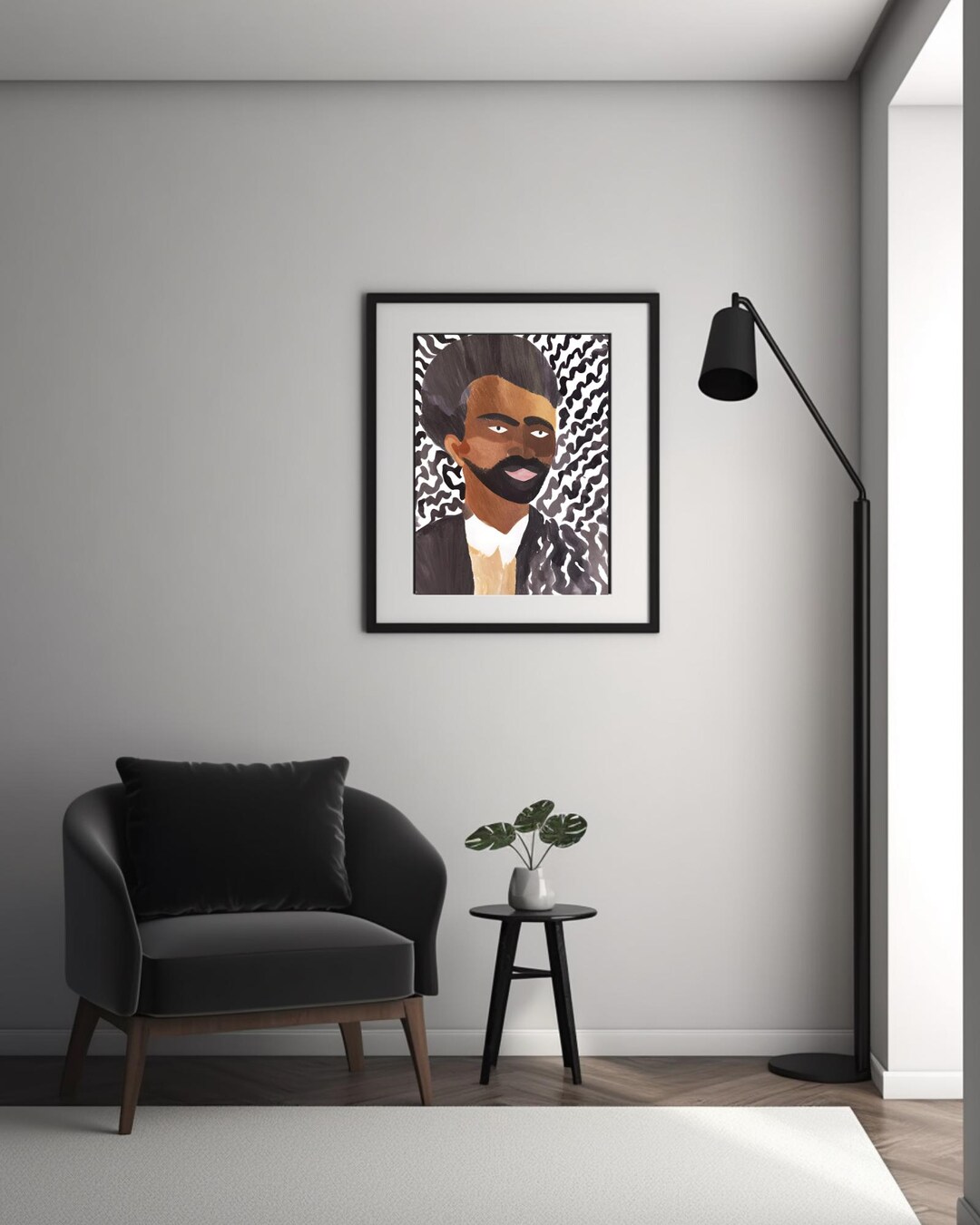 Black Man Watercolor Portrait, Striped Background Art (digital Download ...