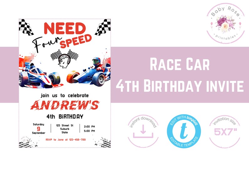 Editable Race Car Birthday Invitation, Need 4 Speed Invite, 4th ...