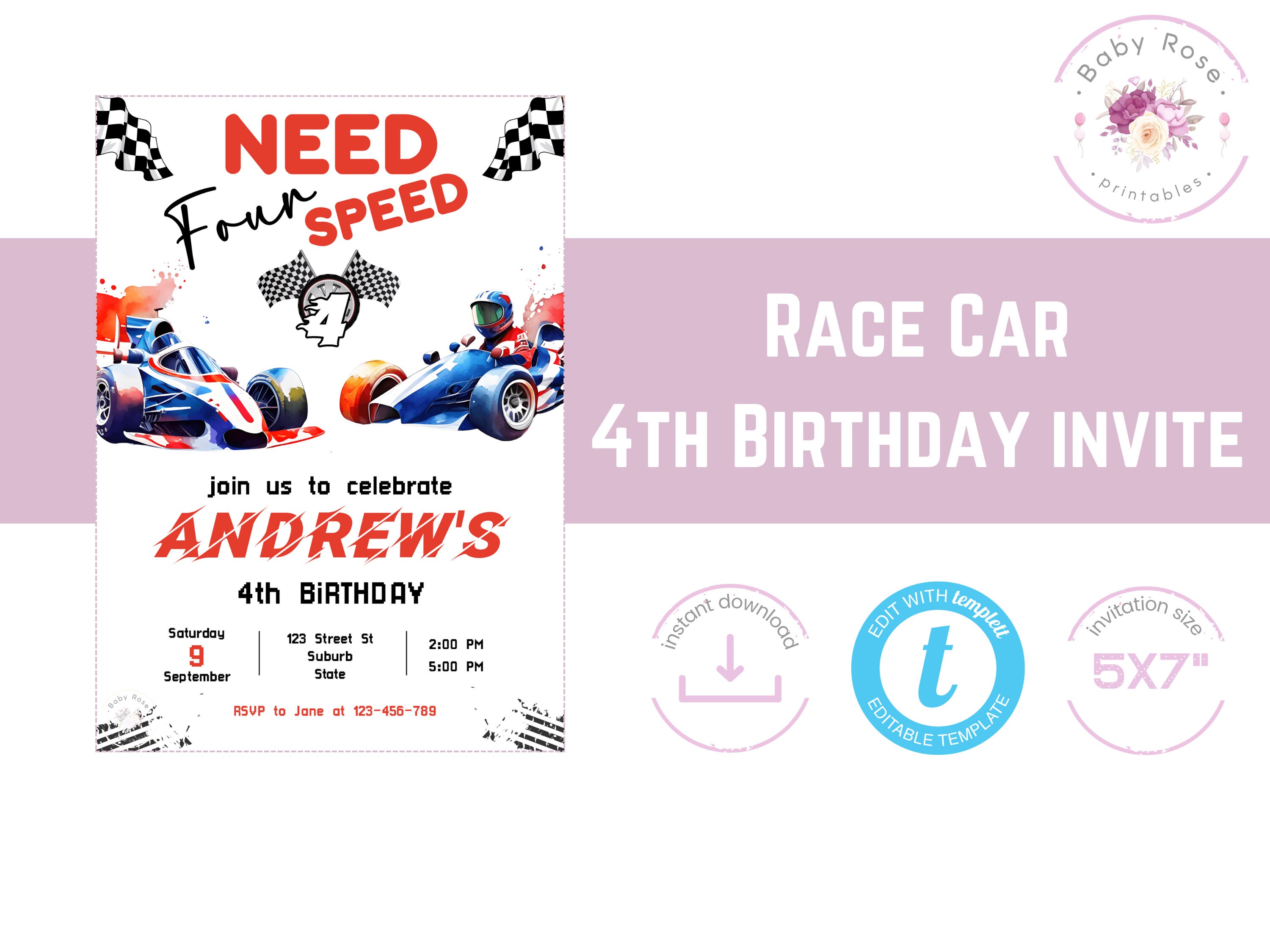 Editable Race Car Birthday Invitation, Need 4 Speed Invite, 4th ...