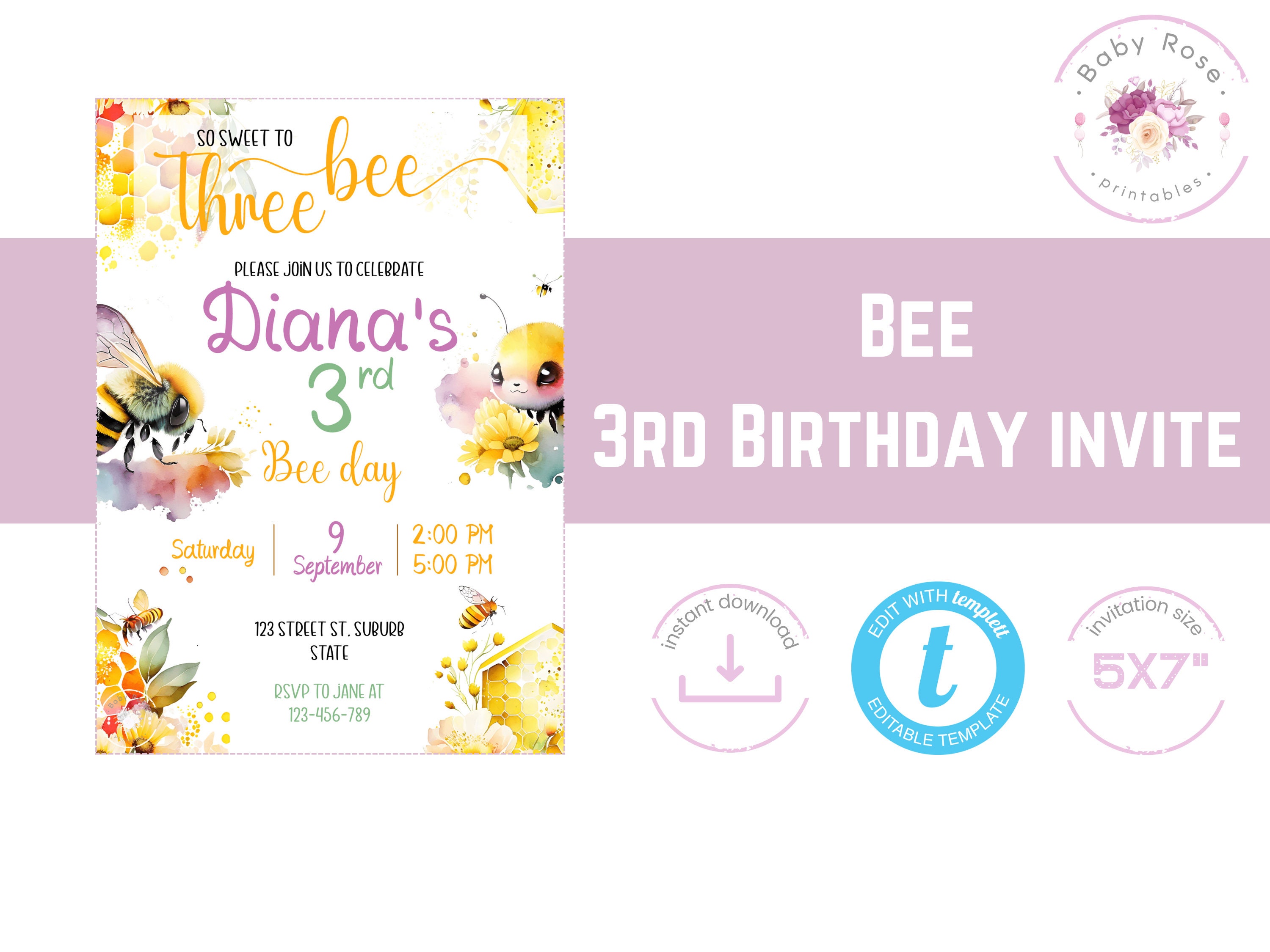 Editable Bee Birthday Invitation, Bee Three Invite, 3rd Birthday, Bee ...