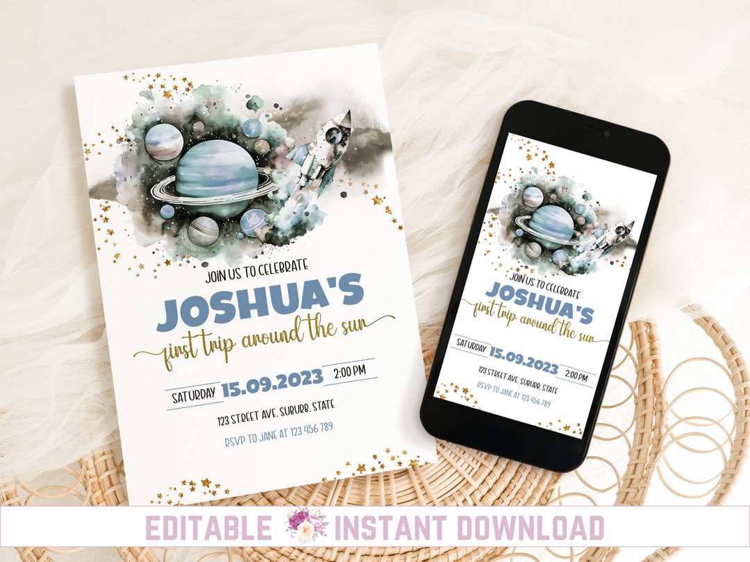 Editable Space Birthday Invitation, First Birthday Space Invite, First ...