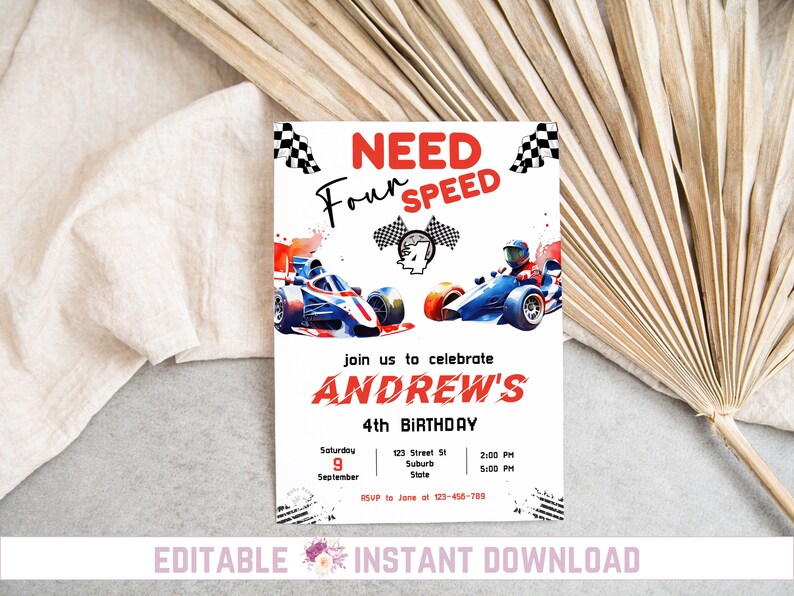 Editable Race Car Birthday Invitation, Need 4 Speed Invite, 4th ...