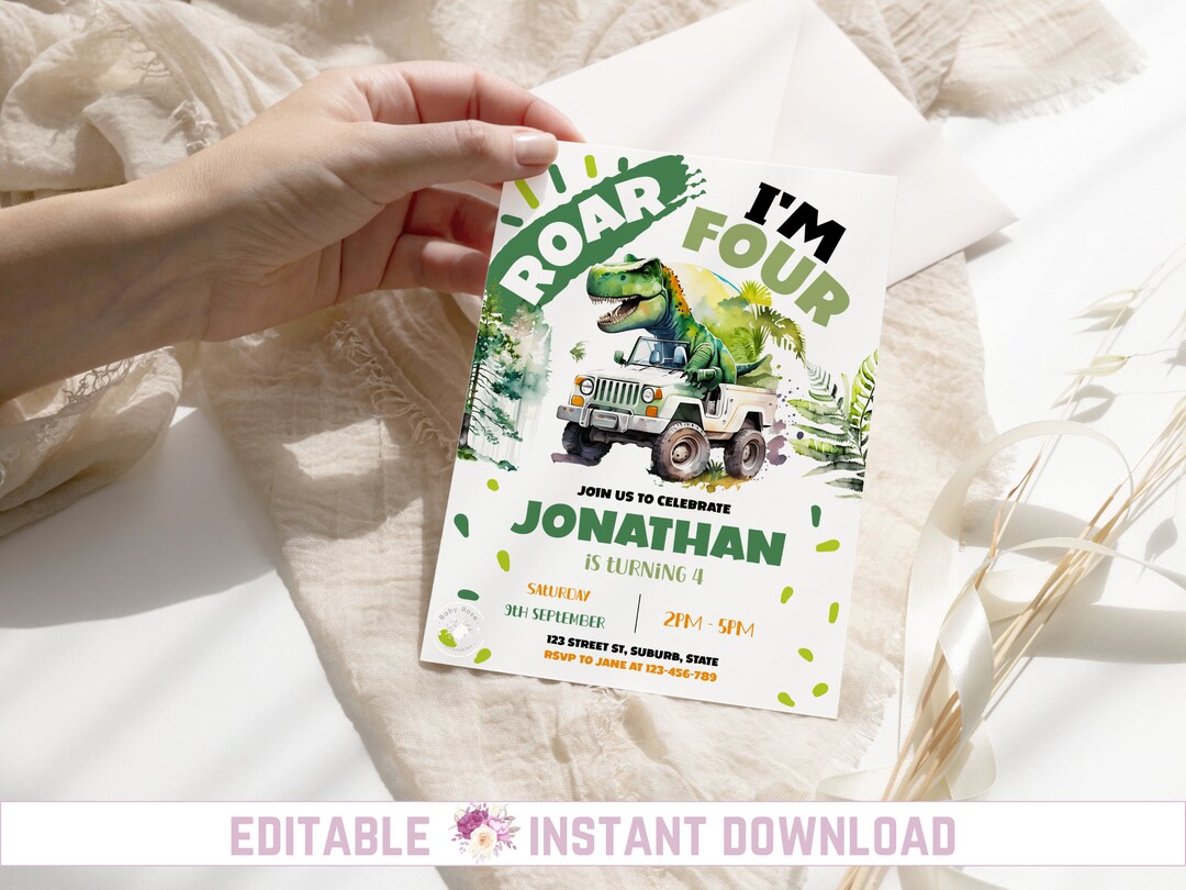 Editable Dinosaur Birthday Invitation, Roar Four Invite, 4th Birthday ...