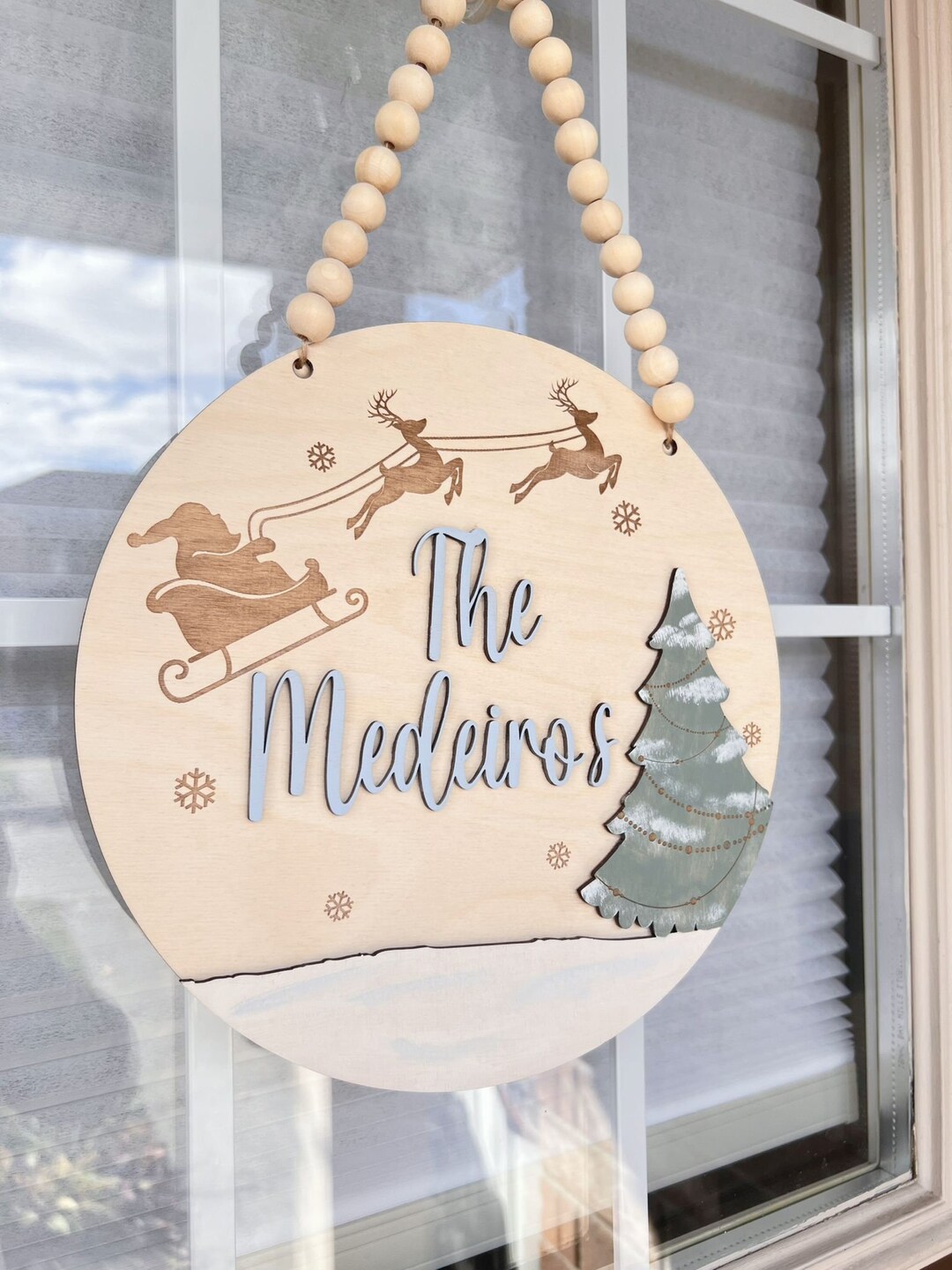 Wood Round Wall Name Sign Plaque Mountain Layered Design Christmas Kids ...