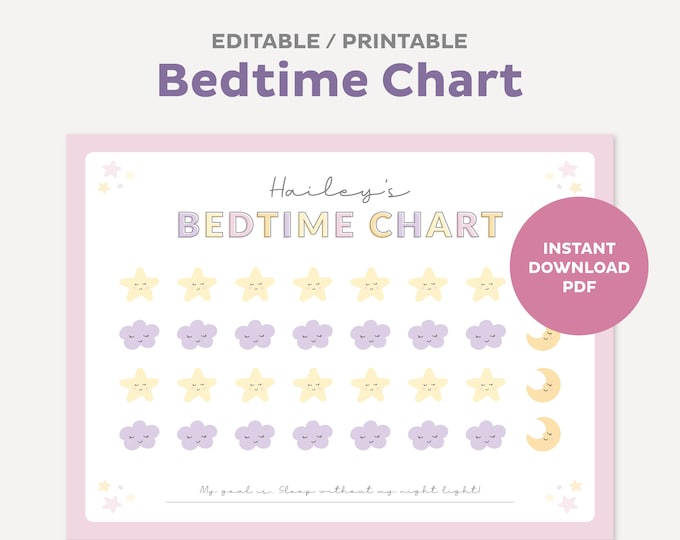 Editable Bedtime Printable Bundle, Sleep Sticker Chart Template, Girl ...