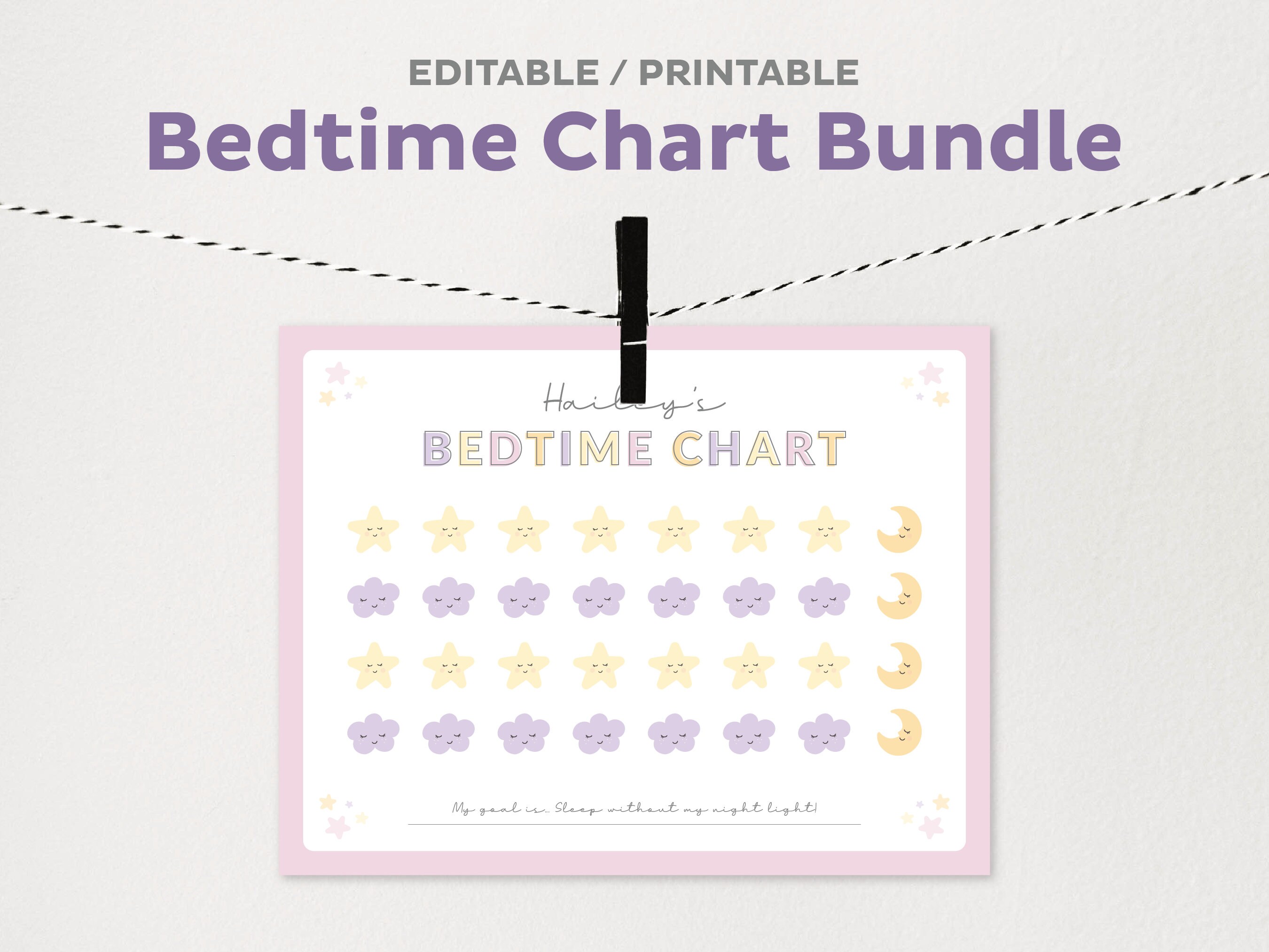 Editable Bedtime Printable Bundle, Sleep Sticker Chart Template, Girl ...