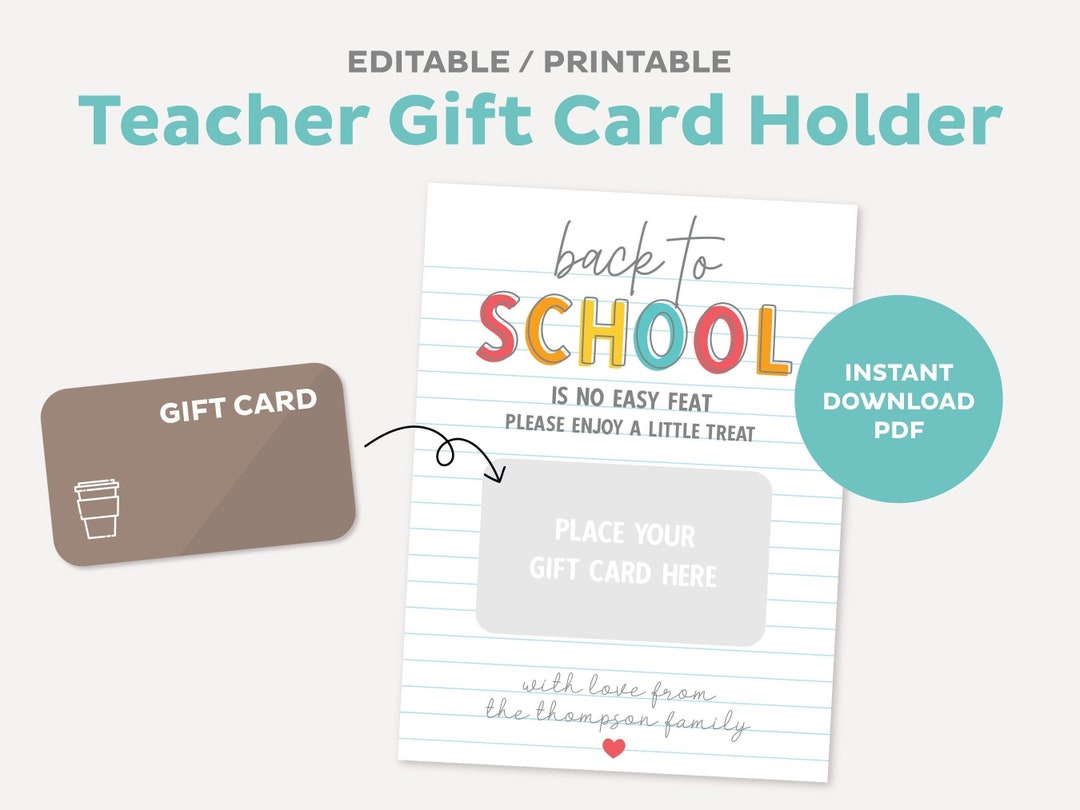 Back to School Gift Card Holder for Teacher, Editable Thank You Card ...