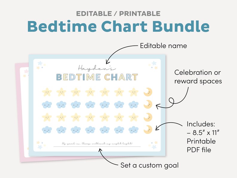 Editable Bedtime Printable Bundle, Sleep Sticker Chart Template, Boys ...