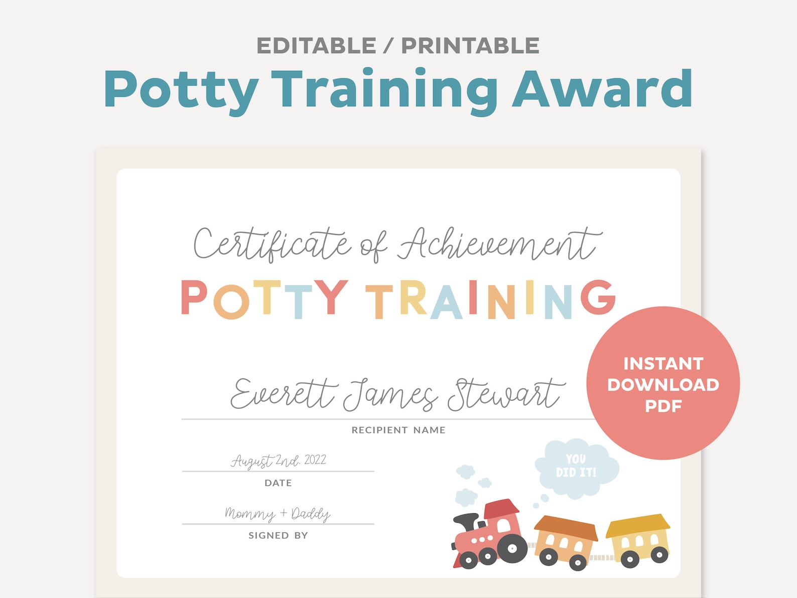 Editable Potty Training Award Certificate, Potty Training Award ...