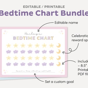 Editable Bedtime Printable Bundle, Sleep Sticker Chart Template, Girl ...