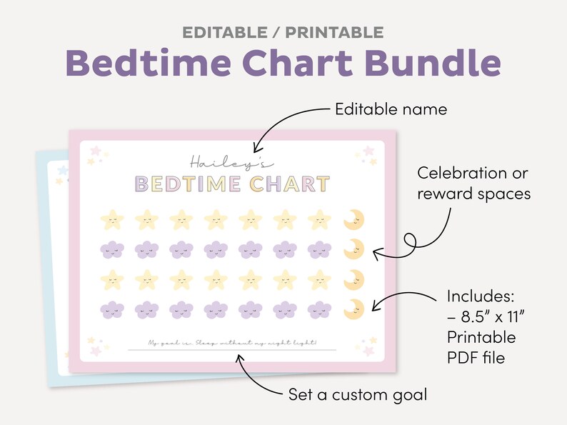 Editable Bedtime Printable Bundle, Sleep Sticker Chart Template, Girl ...
