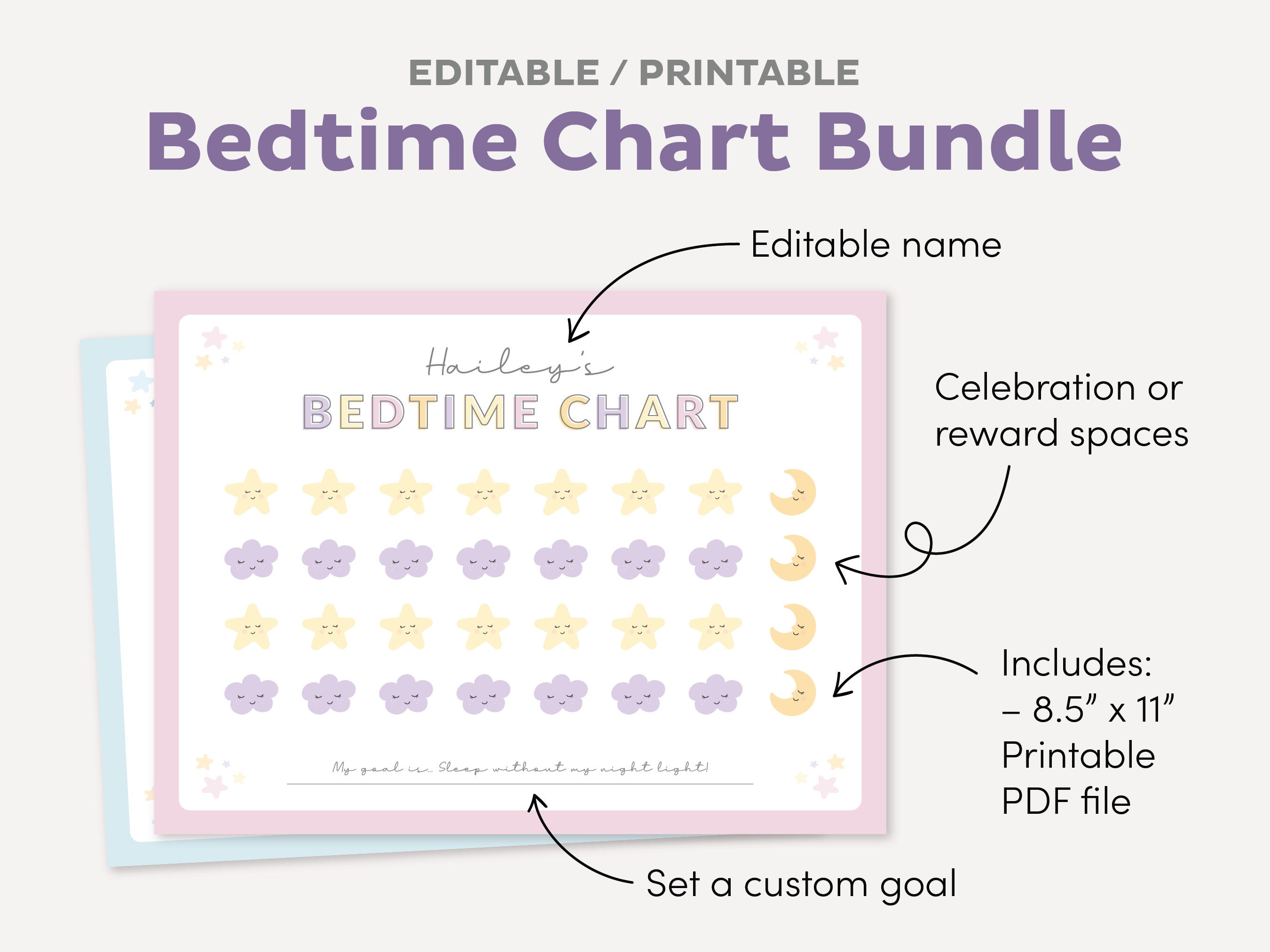 Editable Bedtime Printable Bundle, Sleep Sticker Chart Template, Girl ...