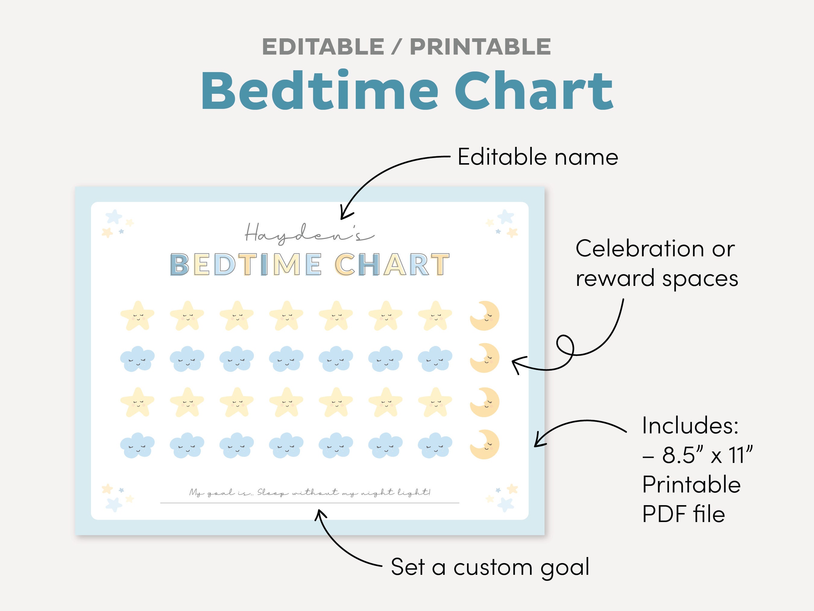 Editable Bedtime Printable, Sleep Sticker Chart Template, Boys Sleep ...