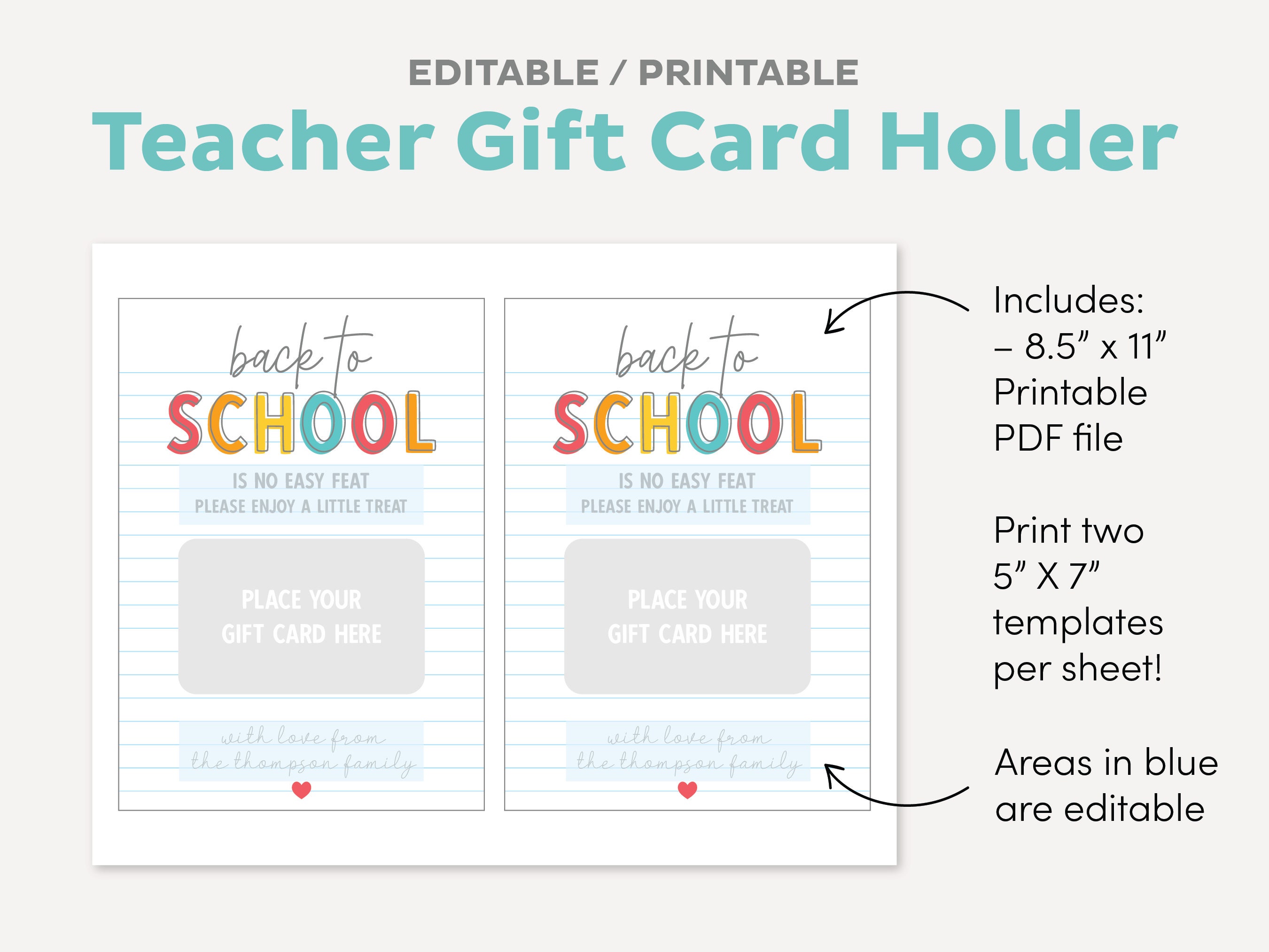 Back to School Gift Card Holder for Teacher, Editable Thank You Card ...