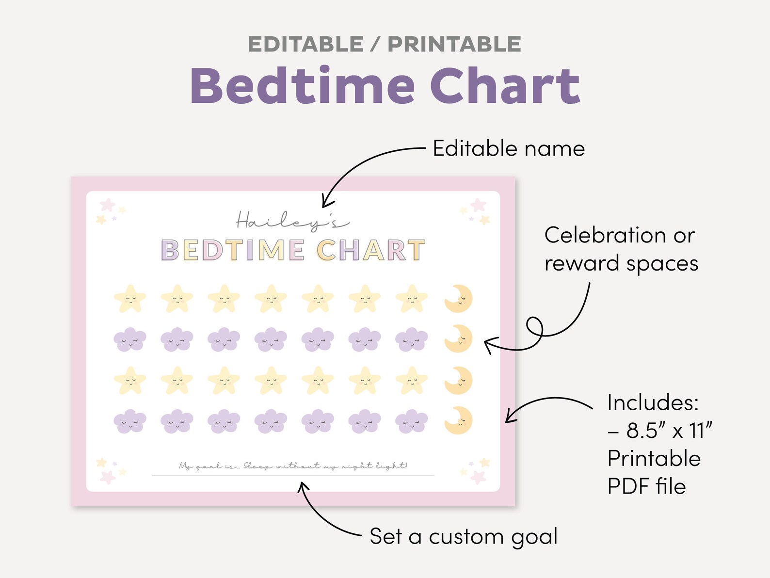 Editable Bedtime Printable, Sleep Sticker Chart Template, Girl Sleep ...